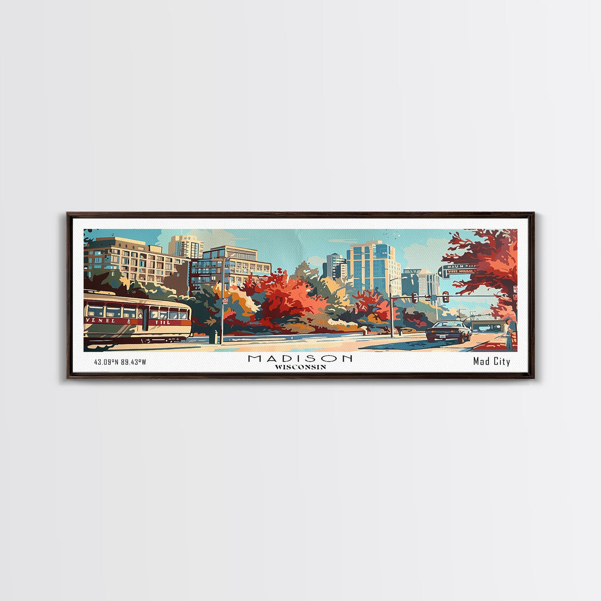 Madison Wisconsin Panoramic Painting, Mid Century Modern Framed Canvas