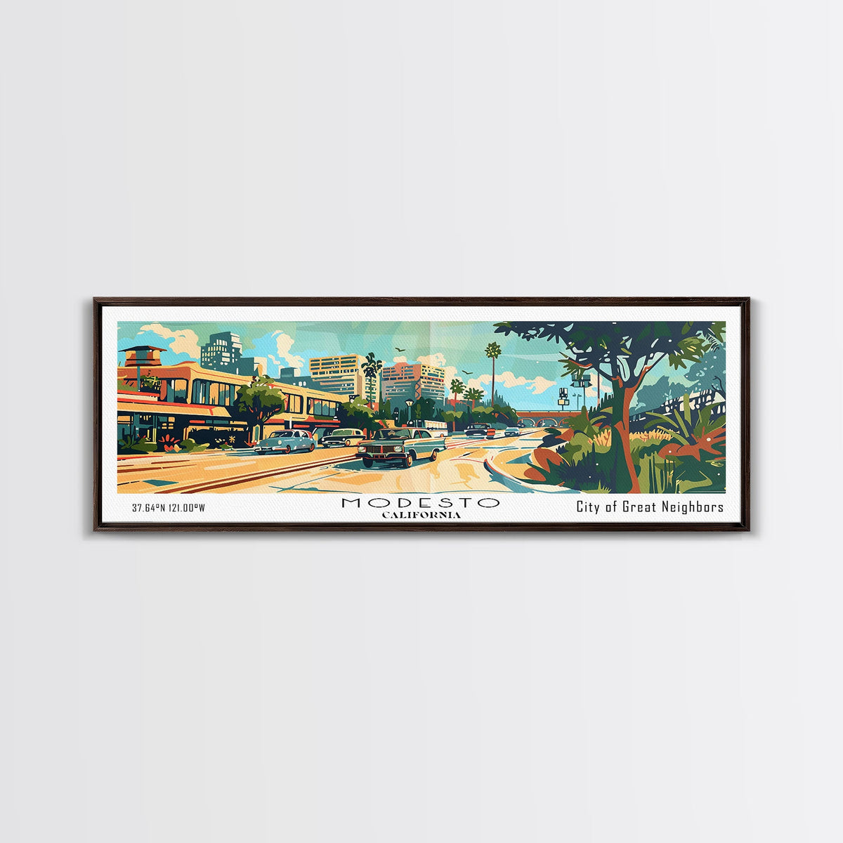 Modesto California Panoramic Wall Art, Mid Century Modern Framed Canva