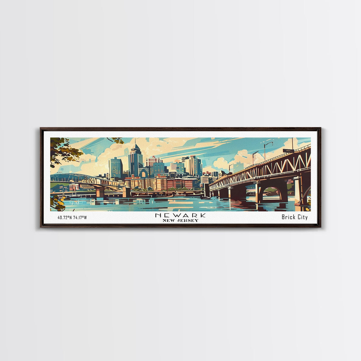 Newark New Jersey Panoramic Wall Art, Mid Century Modern Framed Canvas