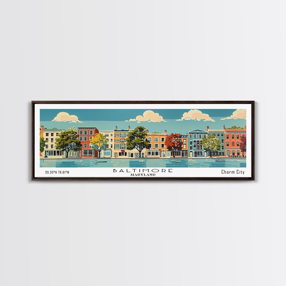 Baltimore Maryland Panoramic Painting, Mid Century Modern Framed Canva