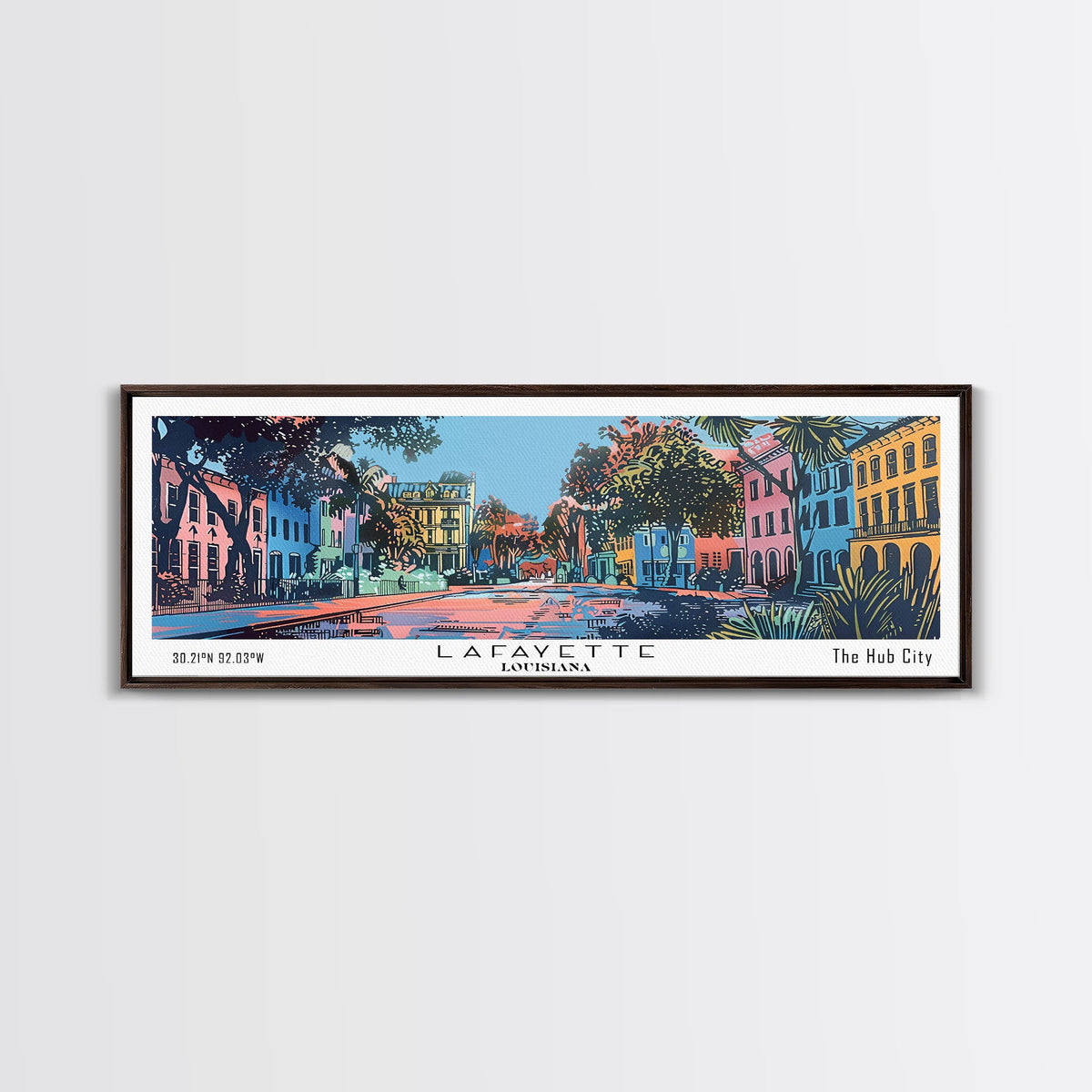 Lafayette Louisiana Panoramic Painting, Mid Century Modern Framed Canv