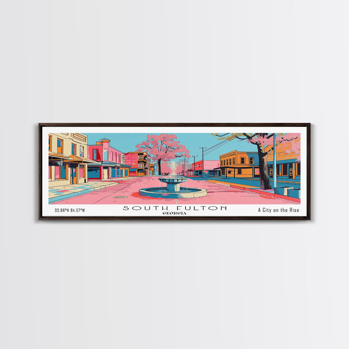 South Fulton Georgia Panoramic Painting, Mid Century Modern Framed Can