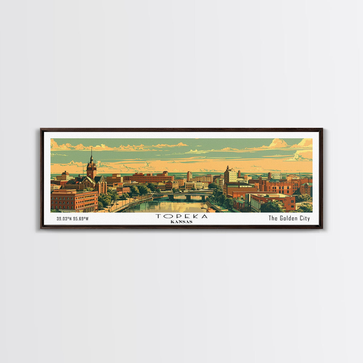 Topeka Kansas Panoramic Painting, Mid Century Modern Framed Canvas Pri