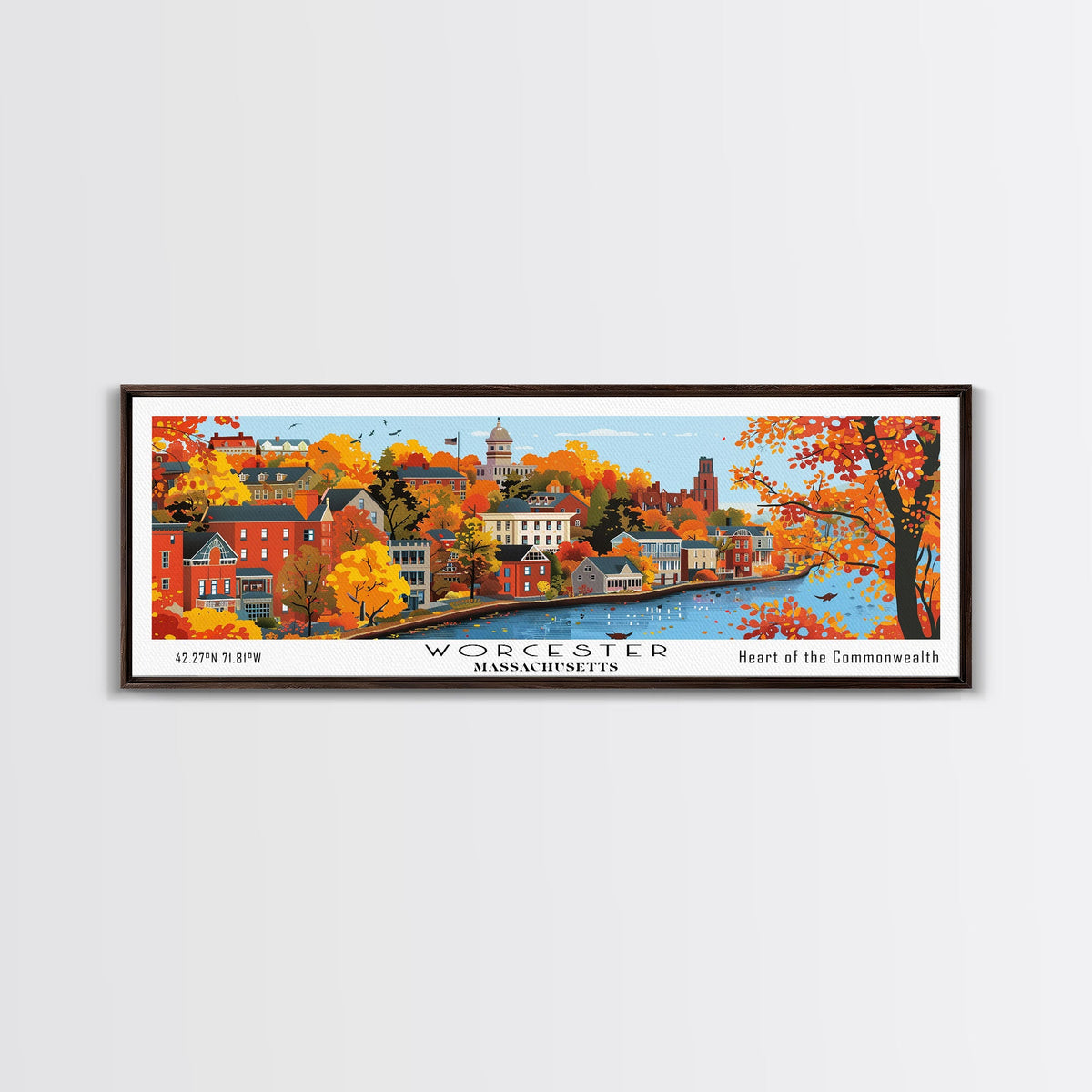 Worcester Massachusetts Panoramic Art, Mid Century Modern Framed Canva