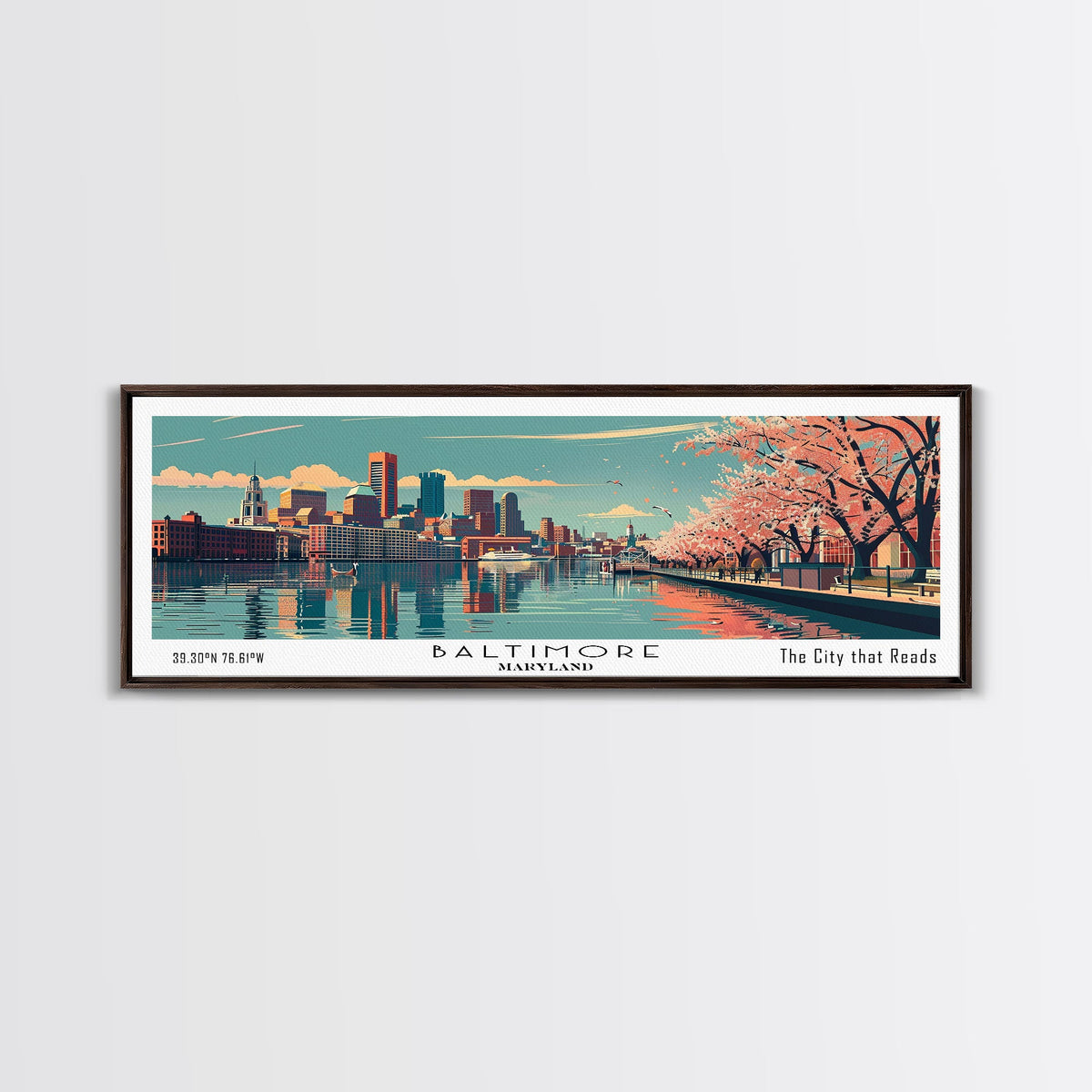 Baltimore Maryland Panoramic Painting, Framed Canvas Print, Mid Centur