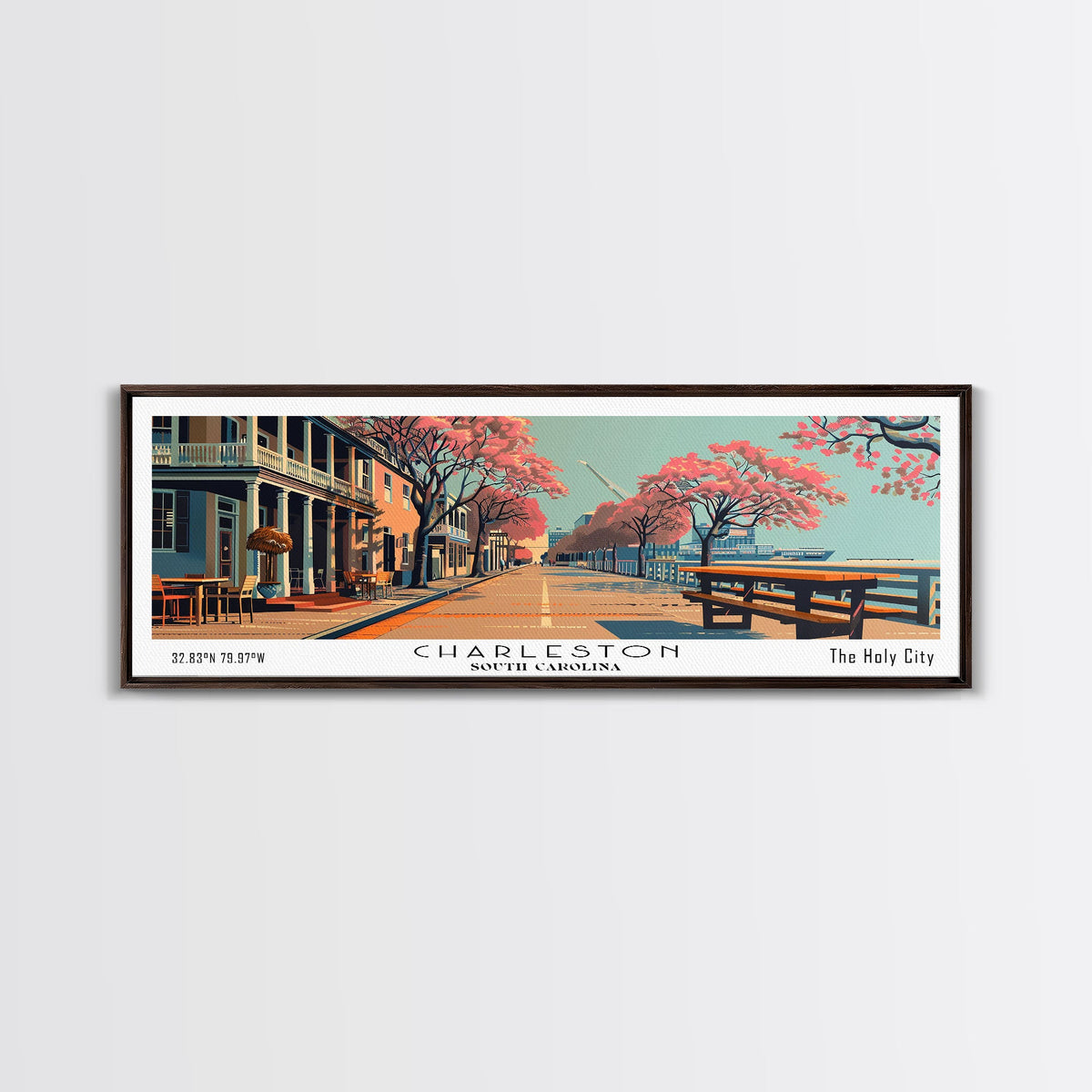 Charleston South Carolina Panoramic Painting, Framed Canvas Print, Mid