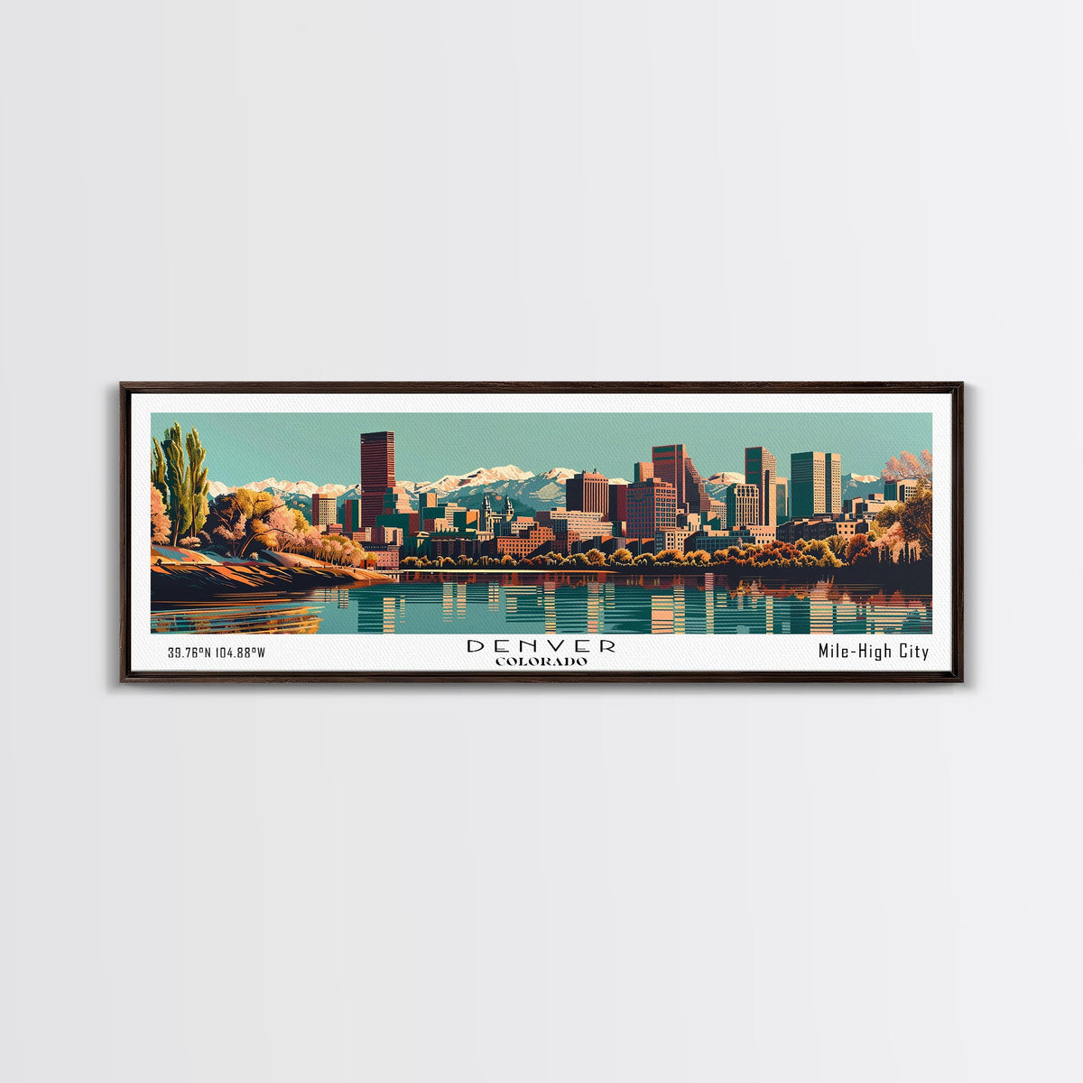 Denver Colorado Panoramic Painting, Framed Canvas Print, Mid Century M