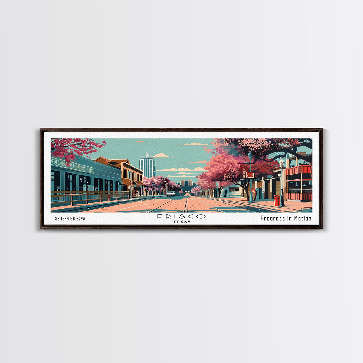 Frisco Texas Panoramic Painting, Framed Canvas Print, Mid Century Mode