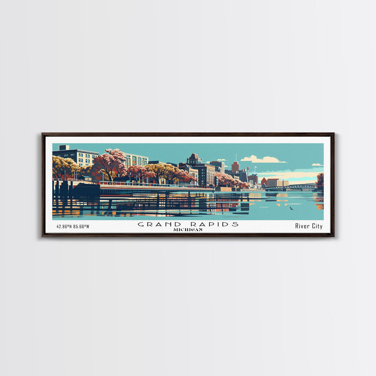 Grand Rapids Michigan Panoramic Painting, Framed Canvas Print, Mid Cen