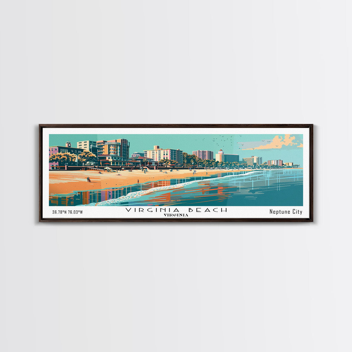 Virginia Beach Virginia Panoramic Wall Art, Mid Century Modern Framed