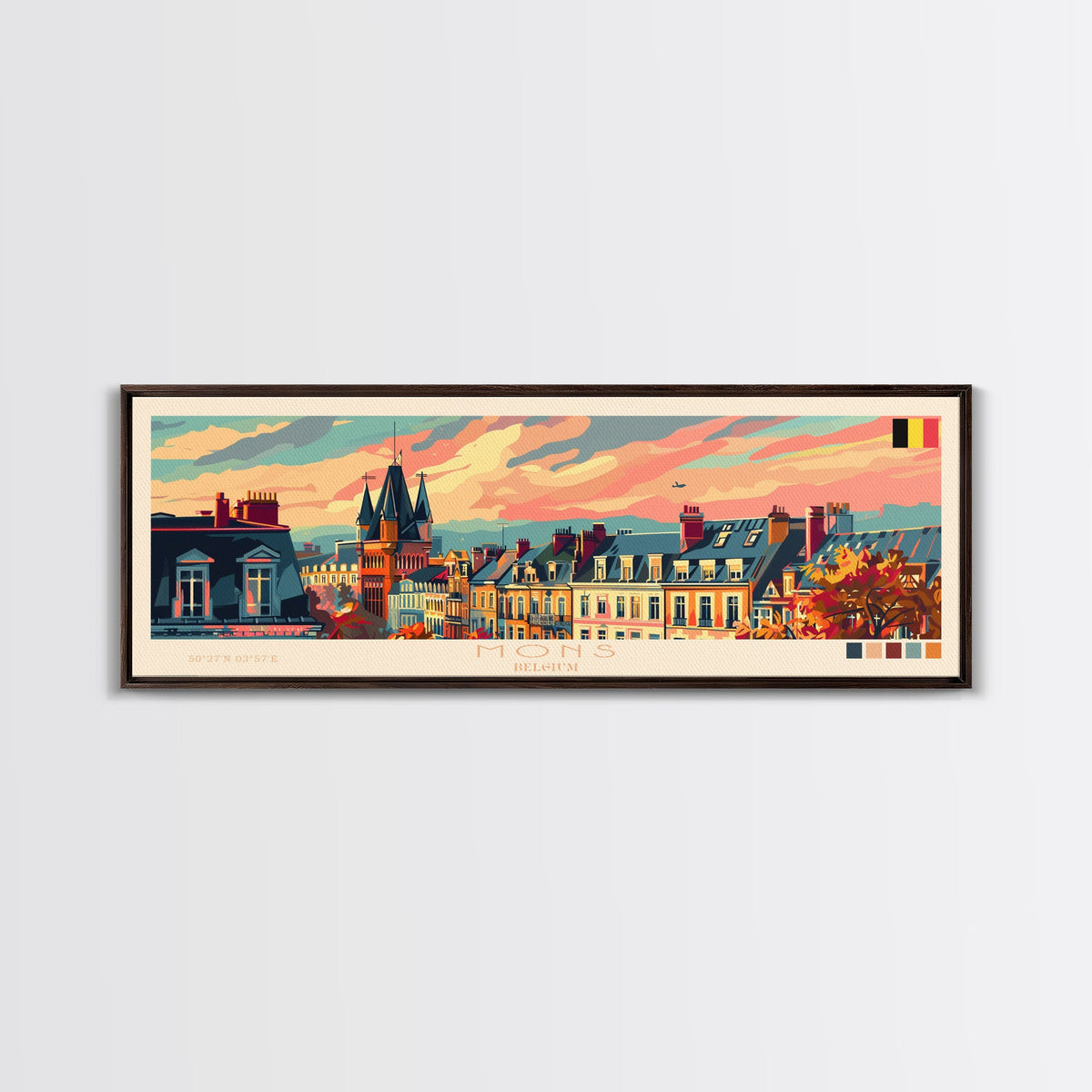 Mons Belgium Panoramic Travel Poster, Framed Canvas Print or Metal Wal