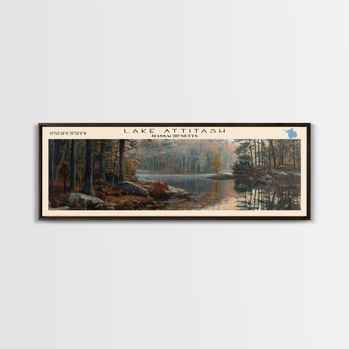 Lake Attitash Massachusetts Framed Canvas Print, Lake House Art, Panor