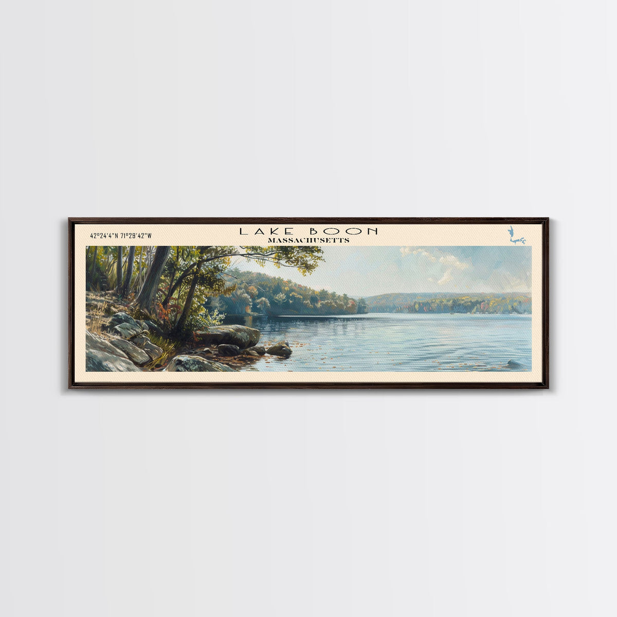 Lake Boon Massachusetts Framed Canvas Print, Panoramic Lake House Deco