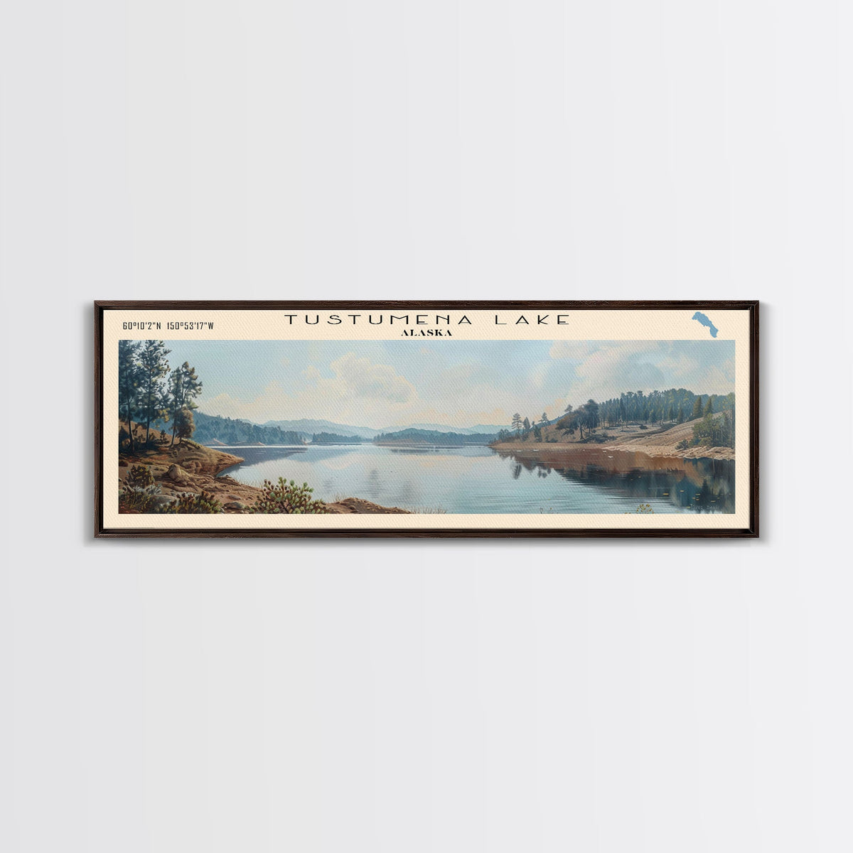 Tustumena Lake Panoramic Wall Art, Framed Canvas Print, Lake House Dec