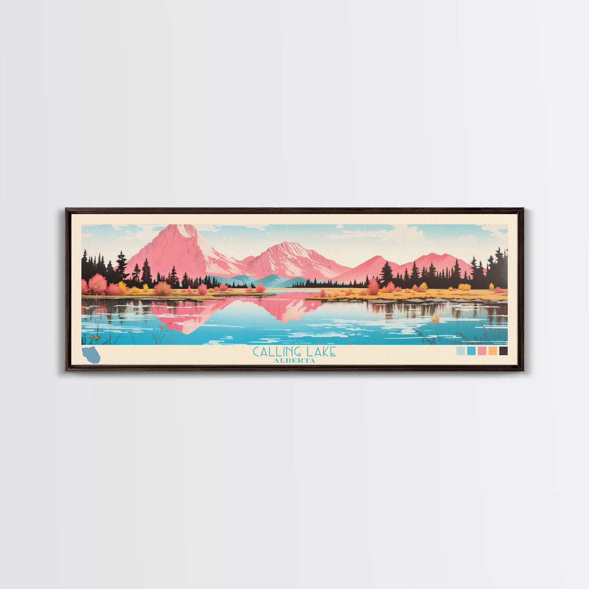 Calling Lake Alberta Framed Canvas Print, Midcentury Modern Panoramic