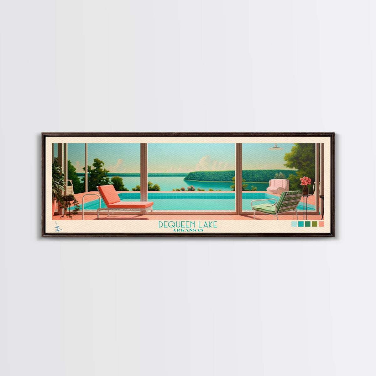 DeQueen Lake Arkansas Framed Canvas Print, Midcentury Modern Panoramic