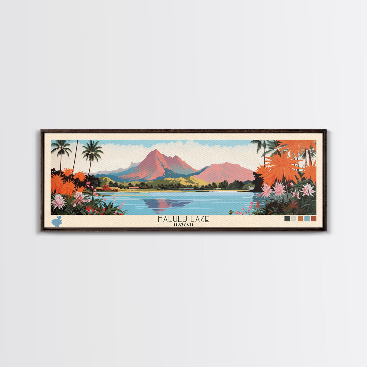 Halulu Lake Hawaii Framed Canvas Print, Panoramic Art, Midcentury Mode