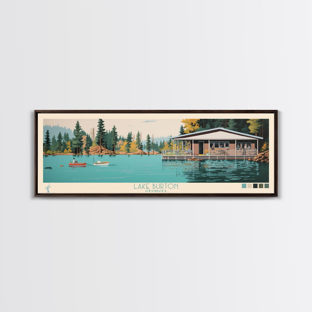 Lake Burton Georgia Framed Canvas Print, Panoramic Wall Art, Midcentur