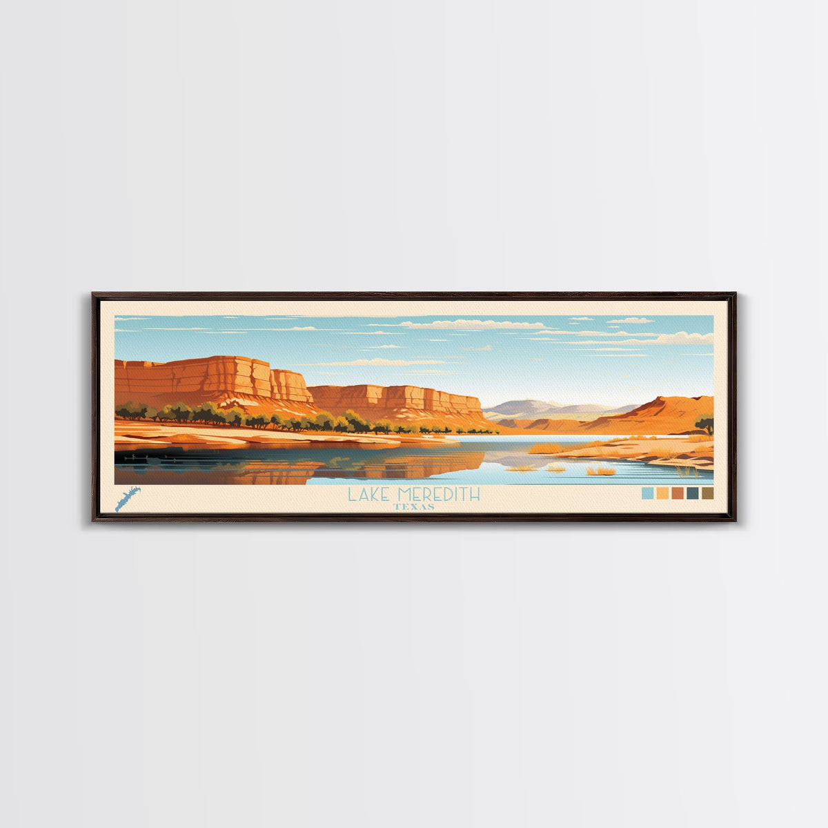 Lake Meredith Texas Framed Canvas Print, Panoramic Wall Art, Midcentur