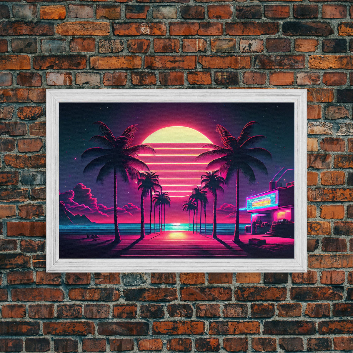 The Neon Boardwalk, Florida Synthwave Sunset, framed canvas print, ret