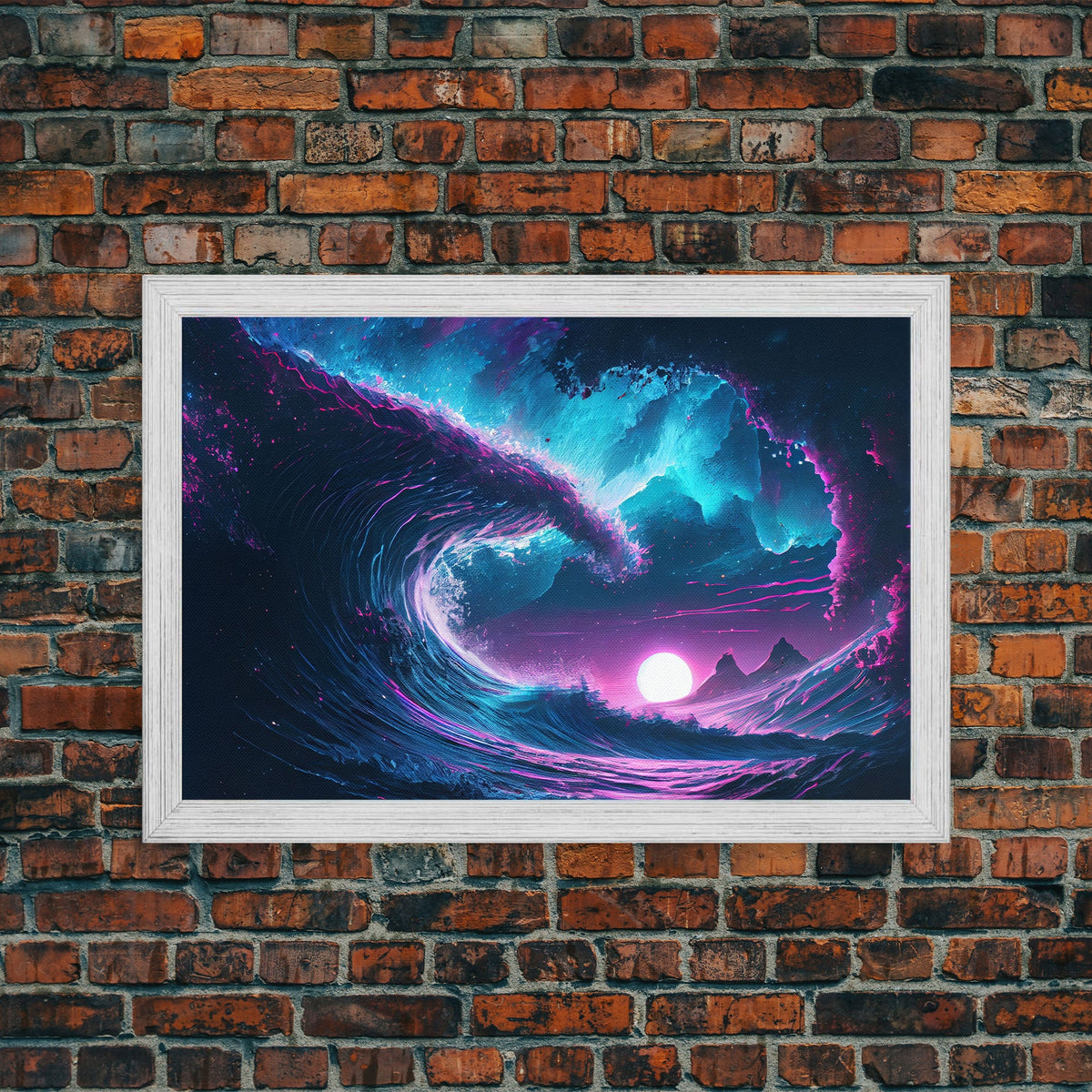 The Wave, Synthwave style ocean art, sunset in a wave, framed canvas p