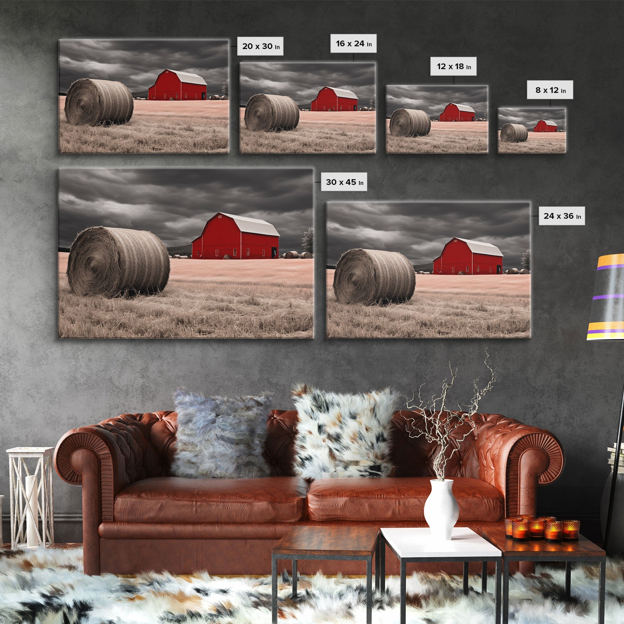 Liminal Spaces, Red Barn Under A Storm Canvas Print, Rustic / Minimali