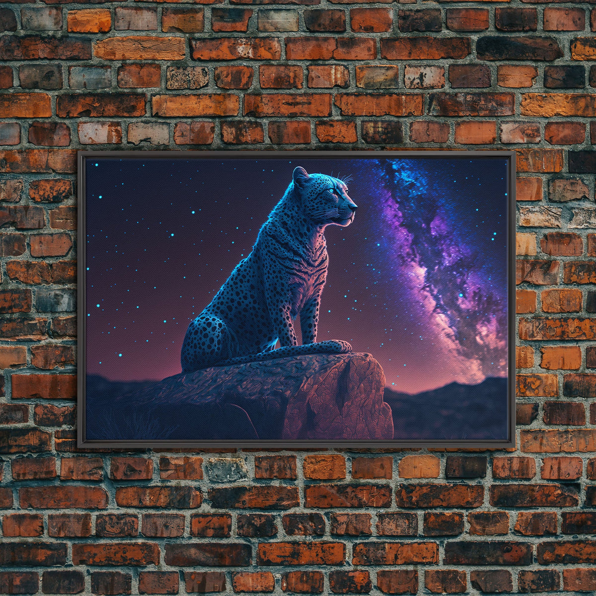 Synthwave Animal Prints, Cheetah and a starry night sky, framed canvas