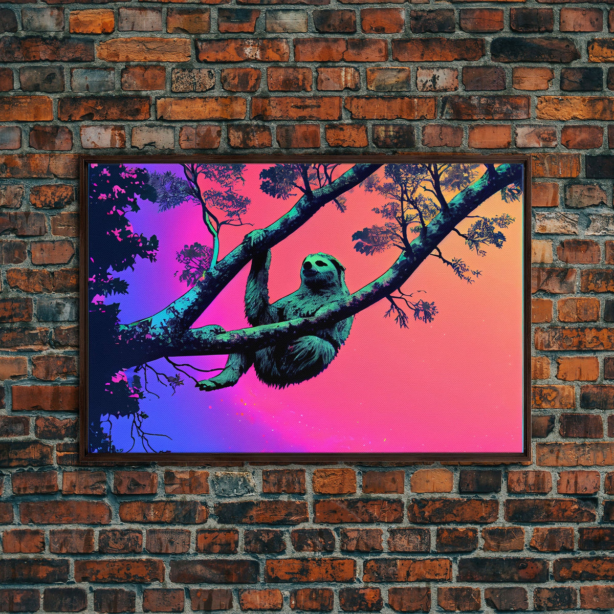 What a cool sloth man, vaporwave sloth art, framed canvas print, wall