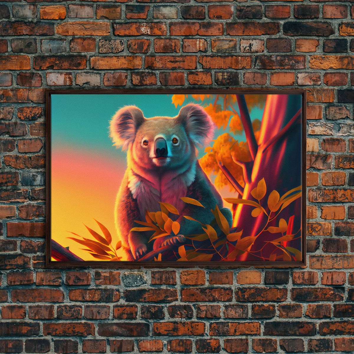 Cute Koala bear at sunset, vaporwave animal art, framed canvas print,