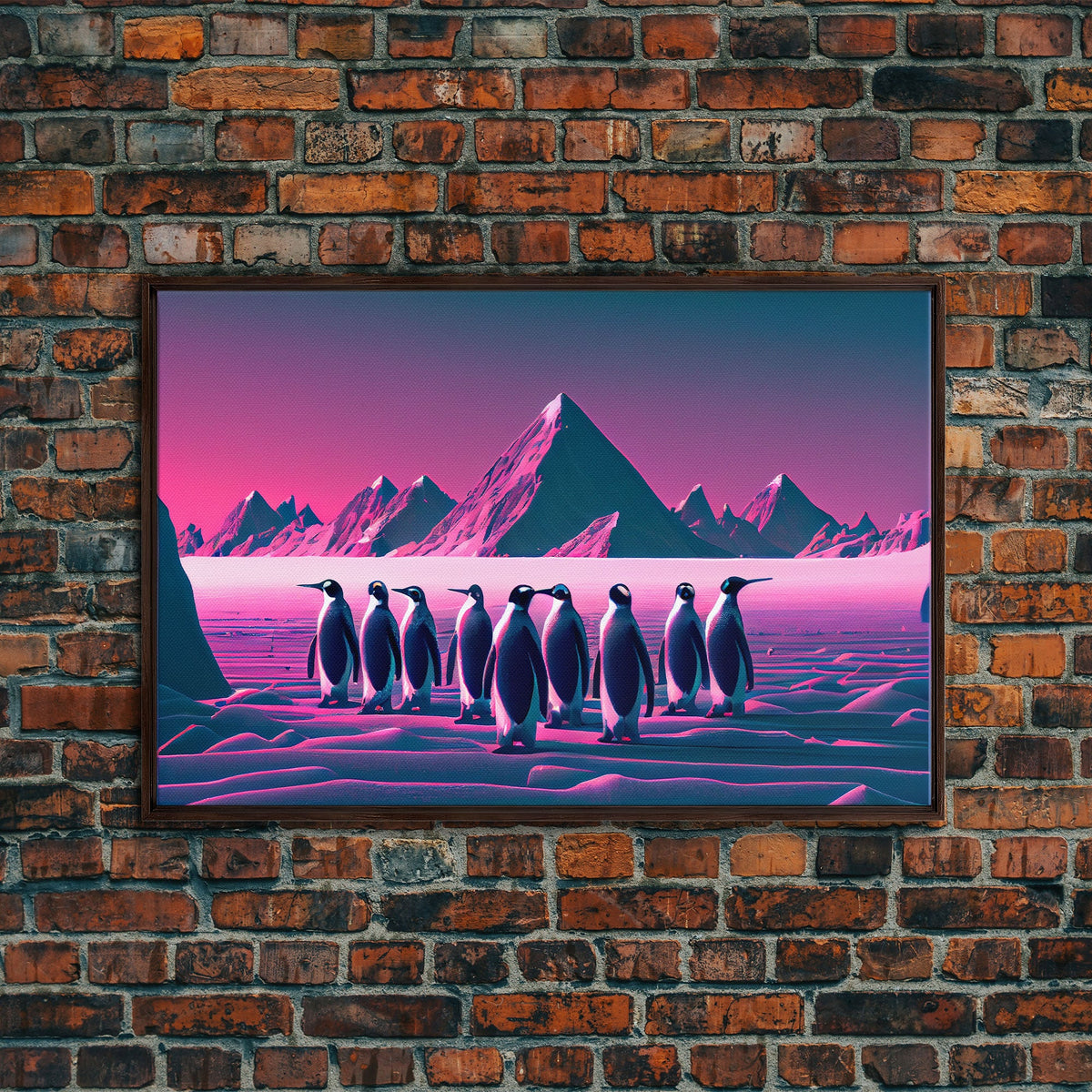 Penguins on the nice, cute animal prints, framed canvas print, synthwa