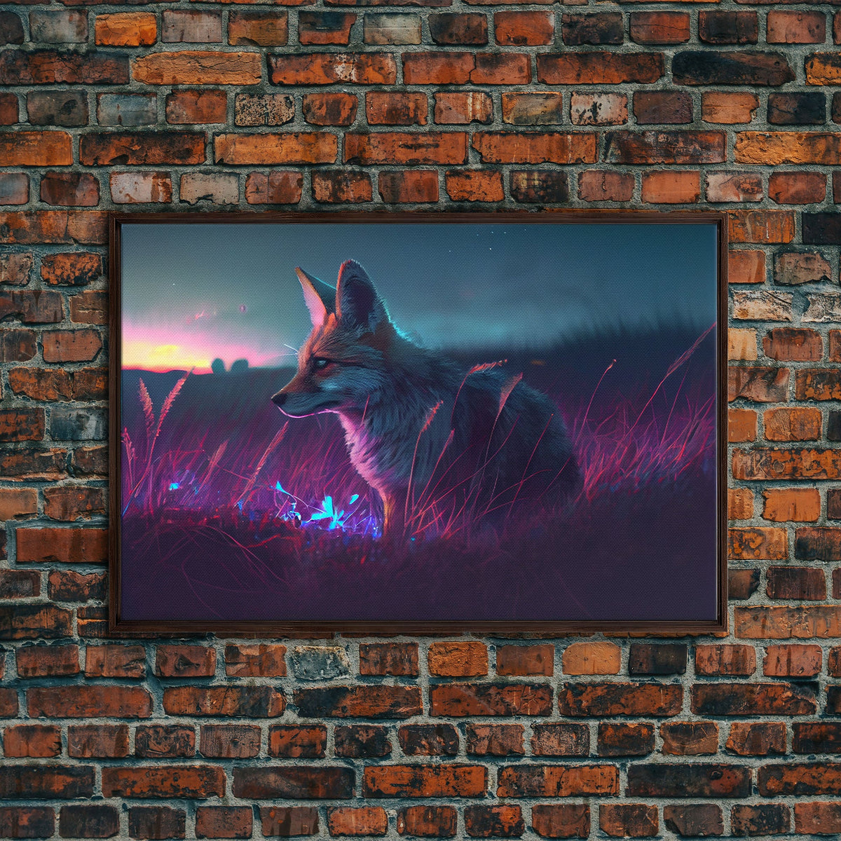 Cute animal prints, vaporwave fox hunting in the tall grass, framed ca