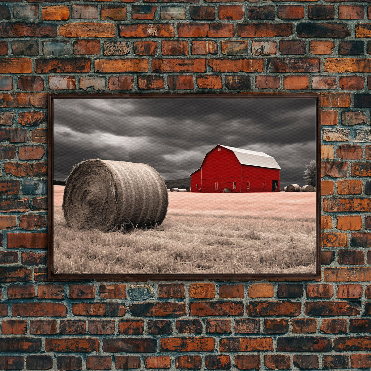 Liminal Spaces, Red Barn Under A Storm Canvas Print, Rustic / Minimali