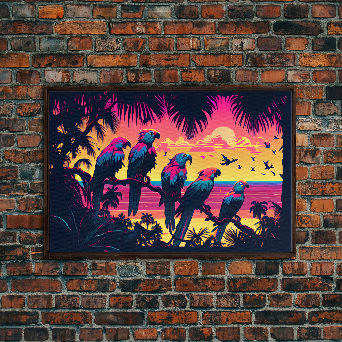 Tropical birds of paradise, synthwave, vaporwave wall art, framed canv