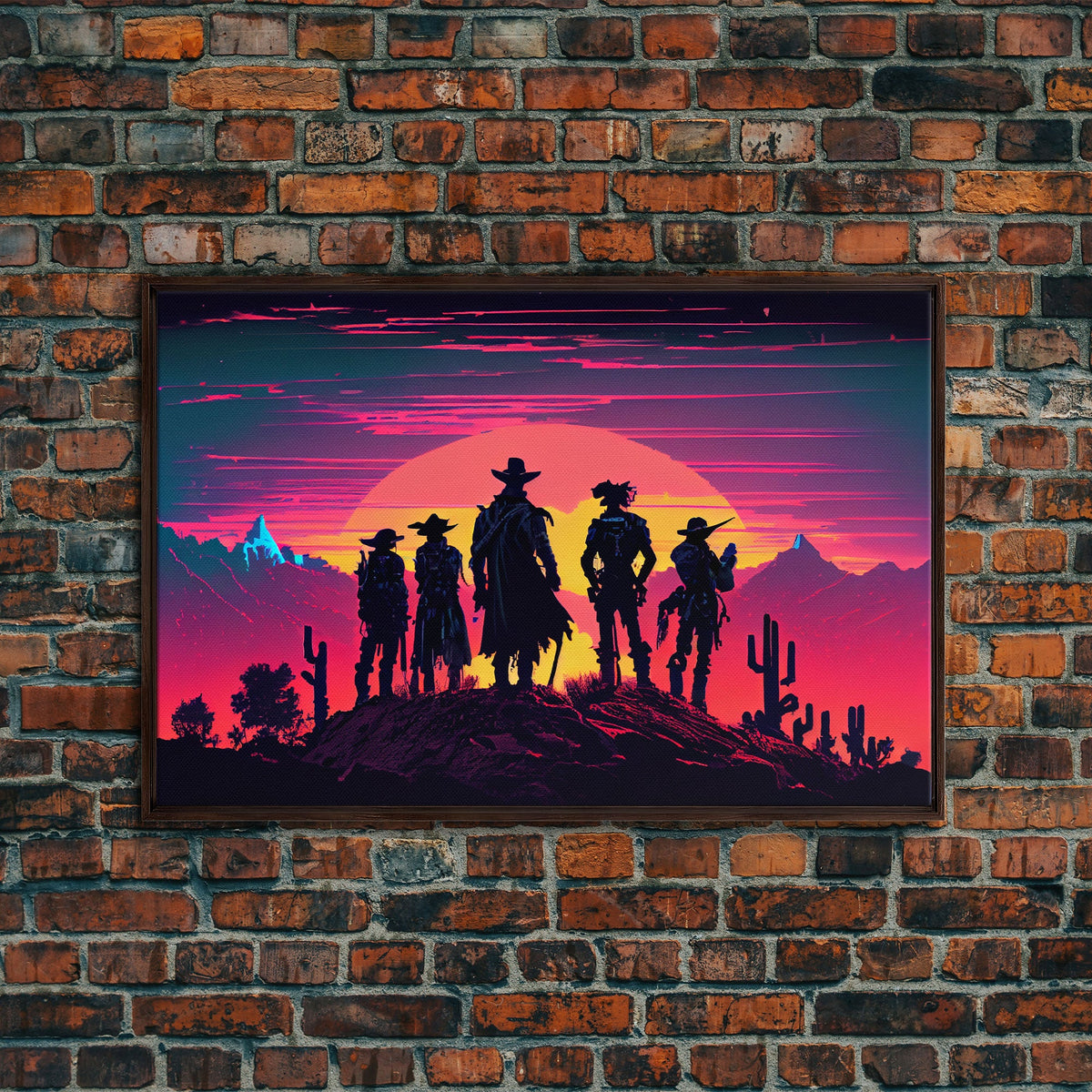 Retro Synthwave Style Wild West Cowboys, framed canvas print, retro ou