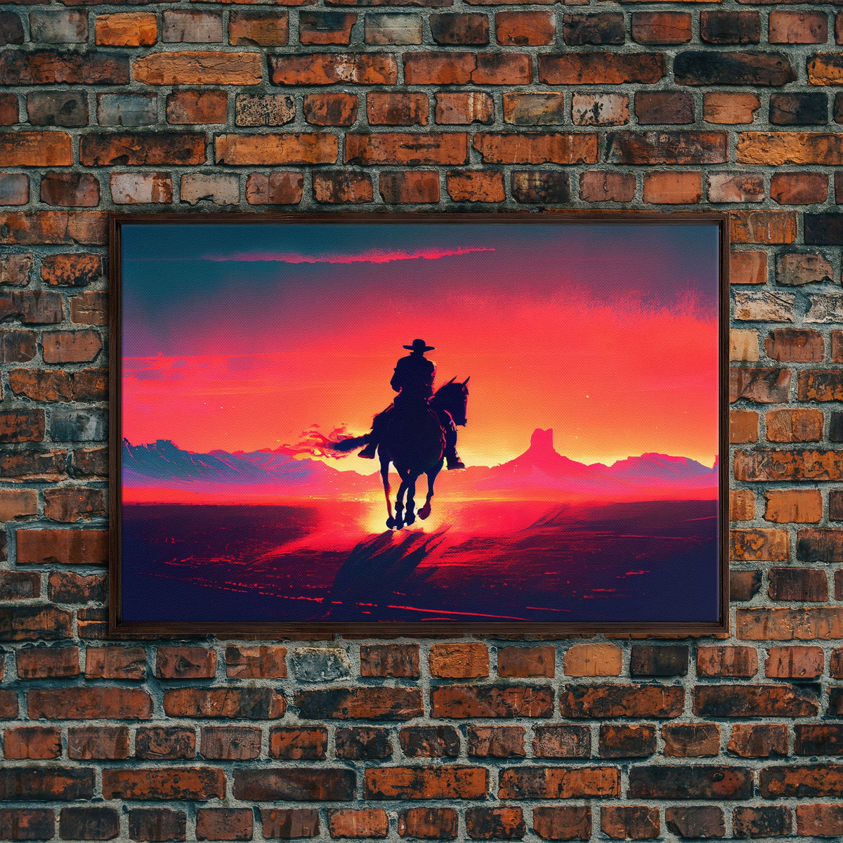 The Sunset Ride, Wild West Cowboy Art, retro style western decor, fram