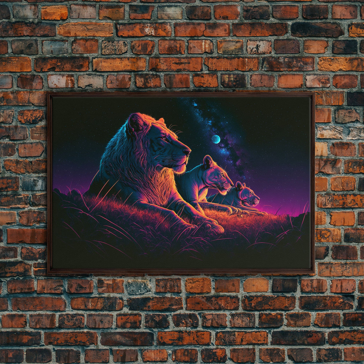 Retro Synthwave Style Lion Art, African Wildlife, Framed Canvas Print,