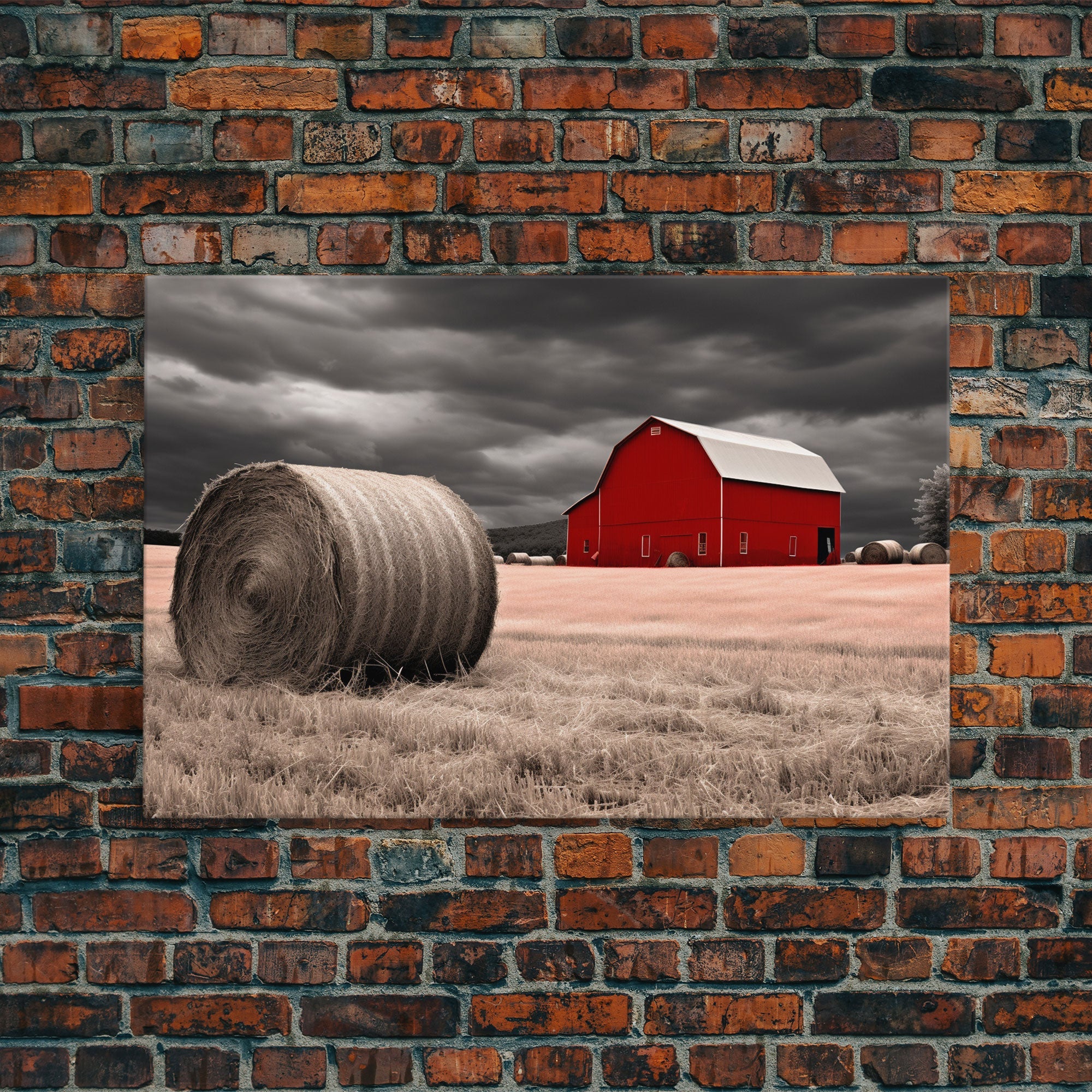 Liminal Spaces, Red Barn Under A Storm Canvas Print, Rustic / Minimali