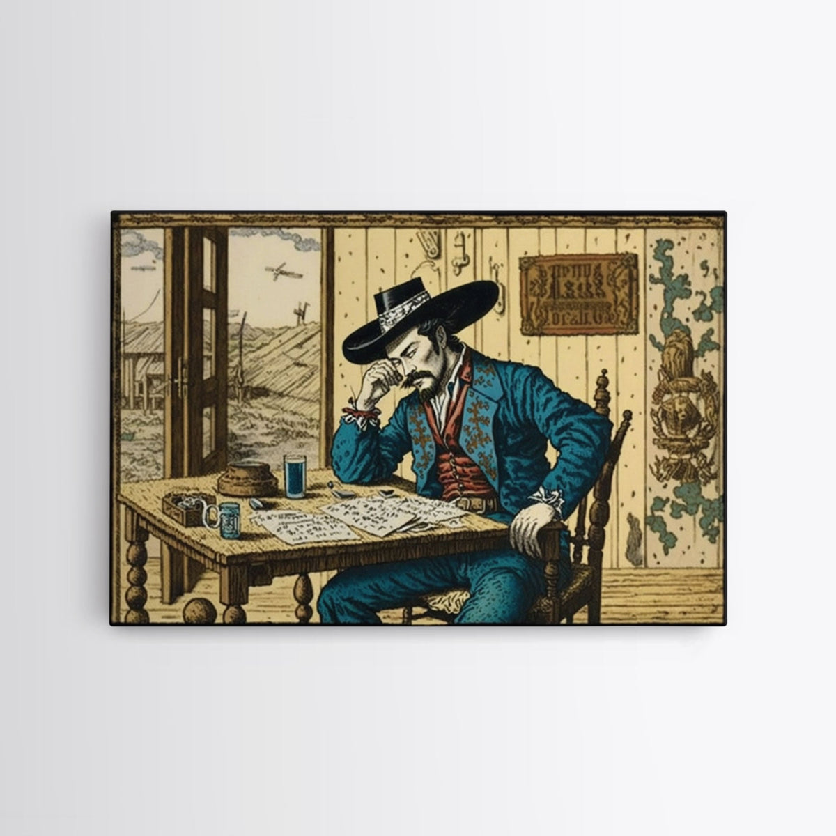 Japanese Cowboy, Wild West Samurai Mashup Art, Framed Canvas Print, Wi
