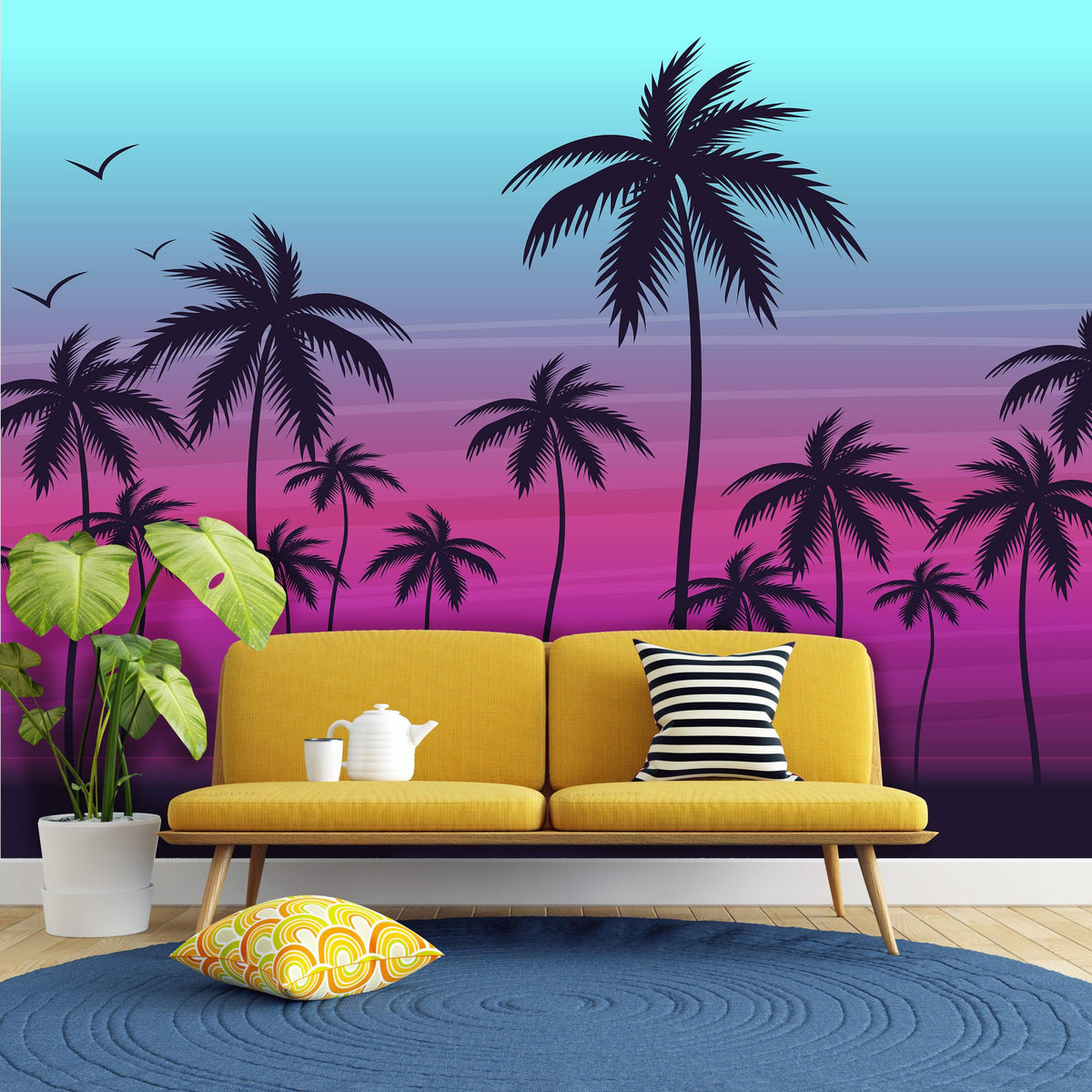 Miami Tropical Palm Tree Illustration Vice Color Sunset Wall Mural. Br