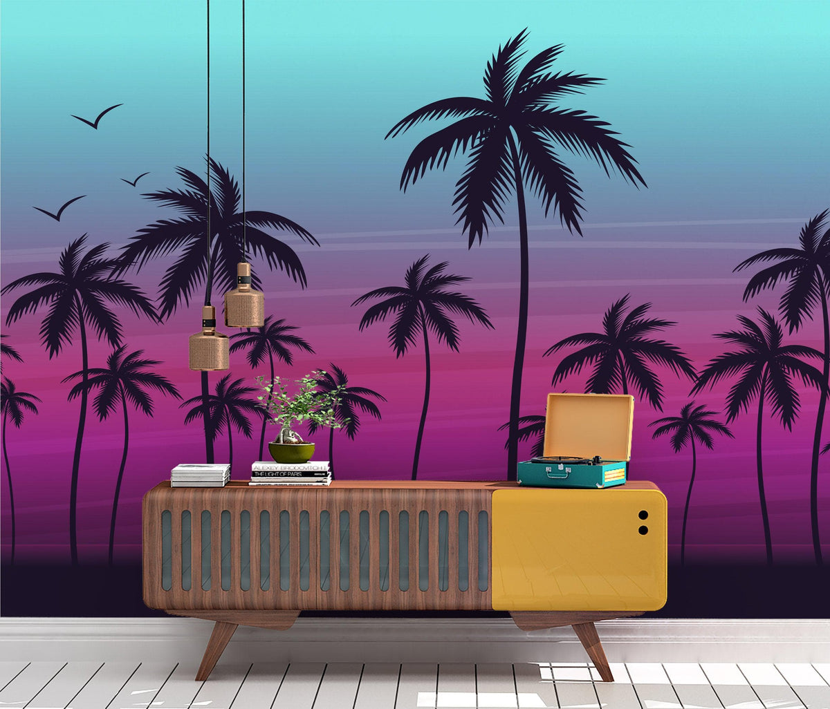 Miami Tropical Palm Tree Illustration Vice Color Sunset Wall Mural. Br