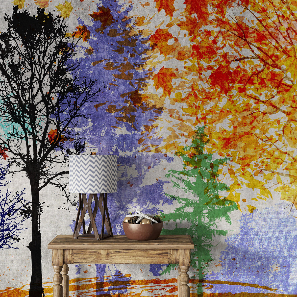 Forest Trees Wall Mural. Abstract Color Print. Peel and Stick Wallpape