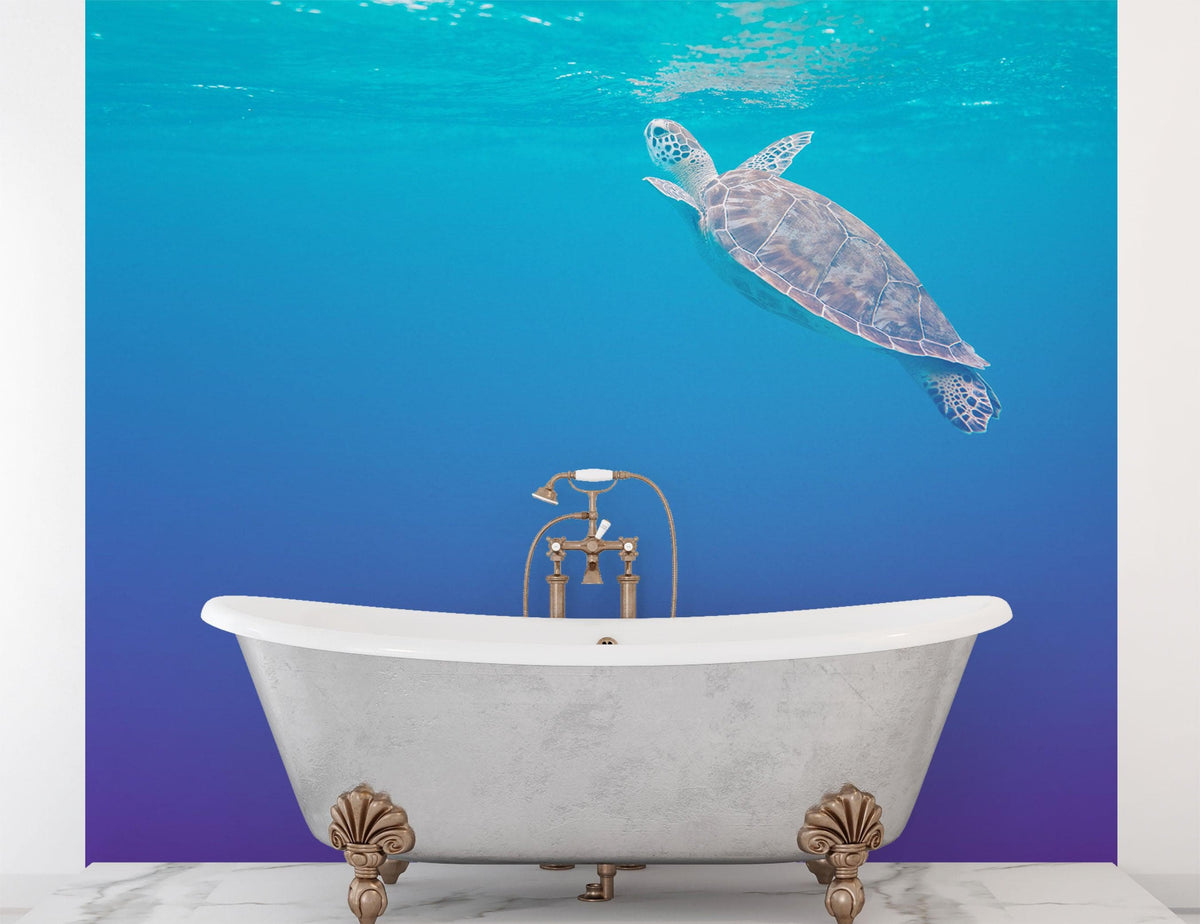 Swimming Sea Turtle Coming Up for Air Wall Mural. Pastel Color Sea Lif