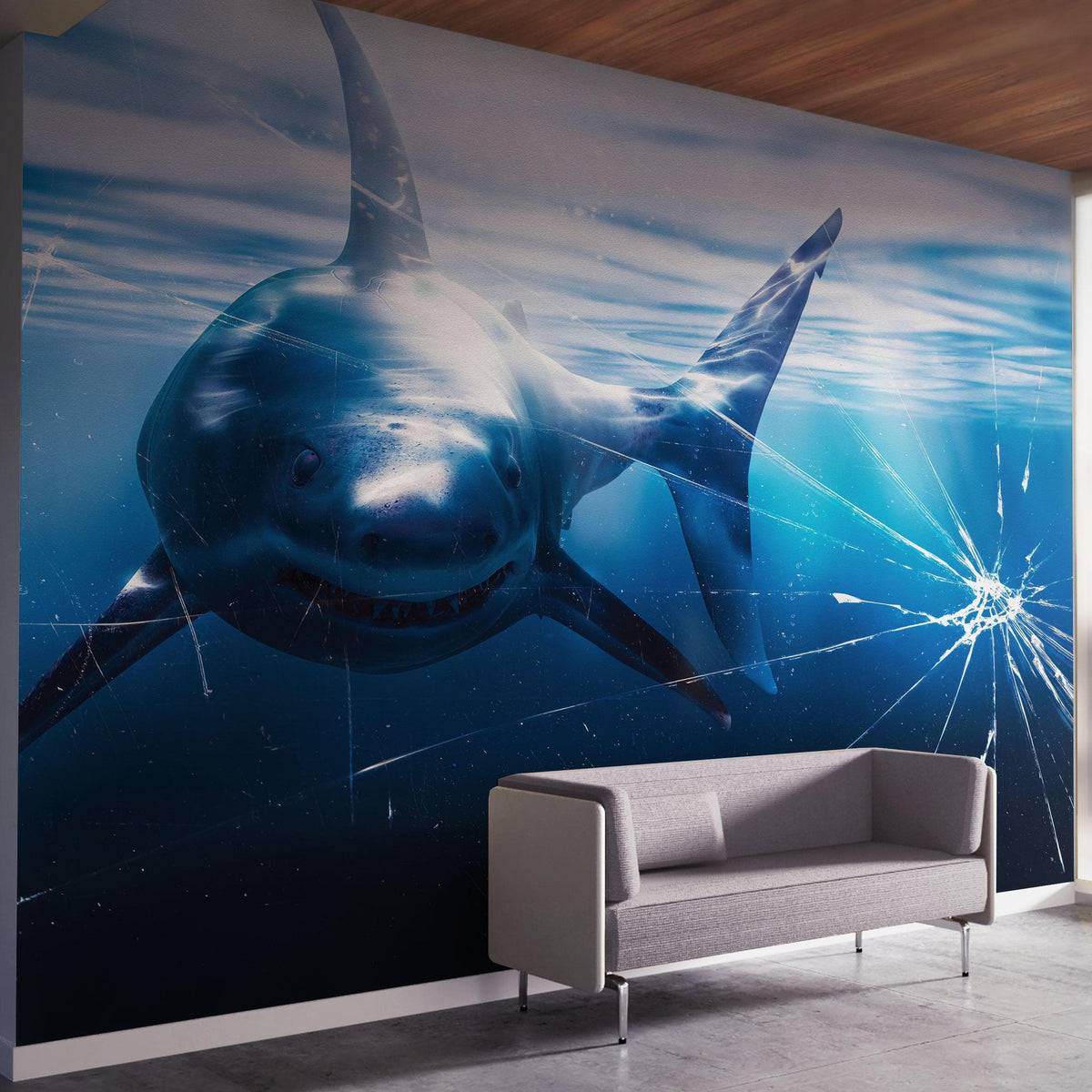 Great White Shark Attack Aquarium Glass Wall Mural. Peel and Stick Wal