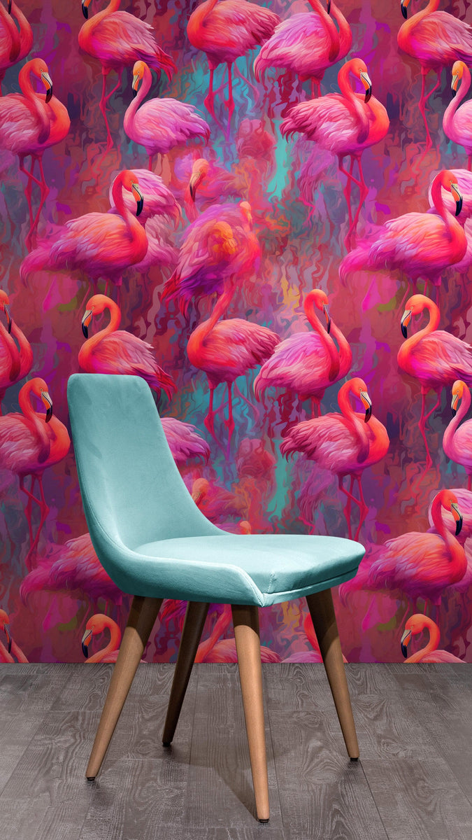 Bright Pink Flamingos Wallpaper - Modern Miami Vibes, Tropical Home De