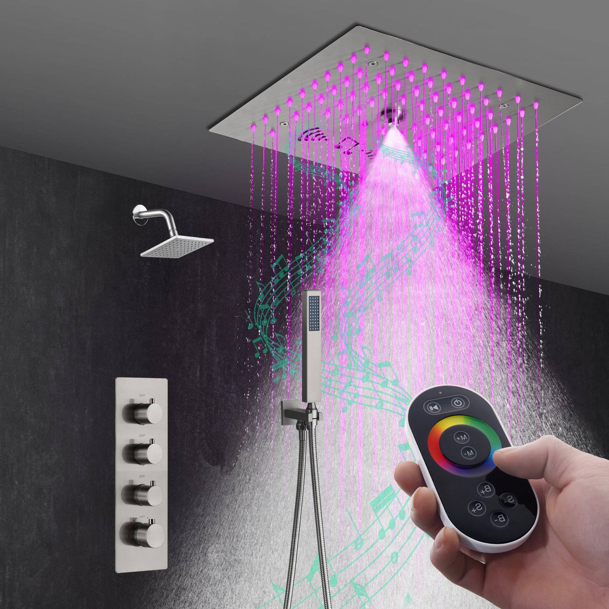 12" Brushed Nickel Thermostatic Shower Faucet: 3-Way Control, LED, Blu