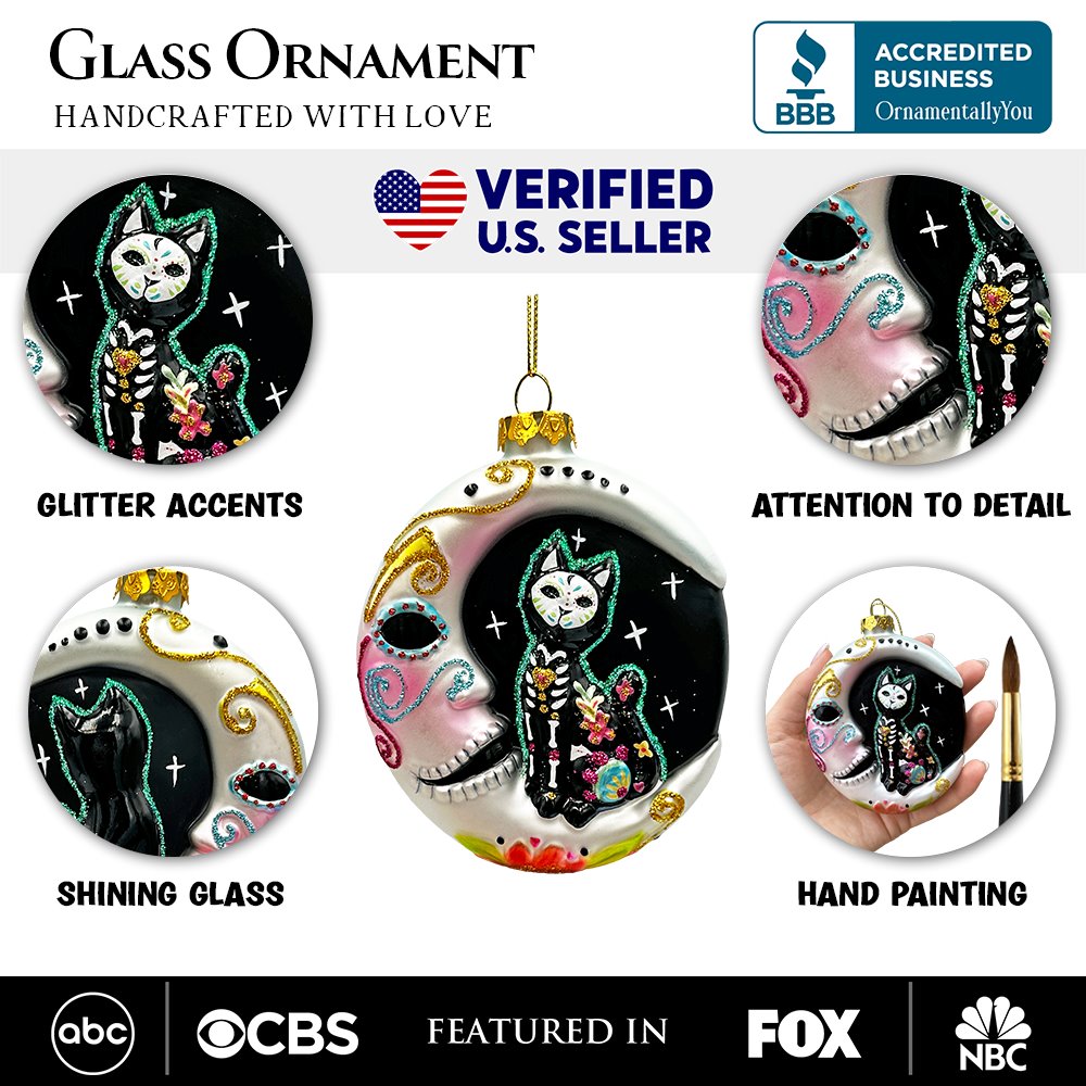 Folkloric Siamese Cat Sugar Skull Glass Ornament, Celestial Crescent M