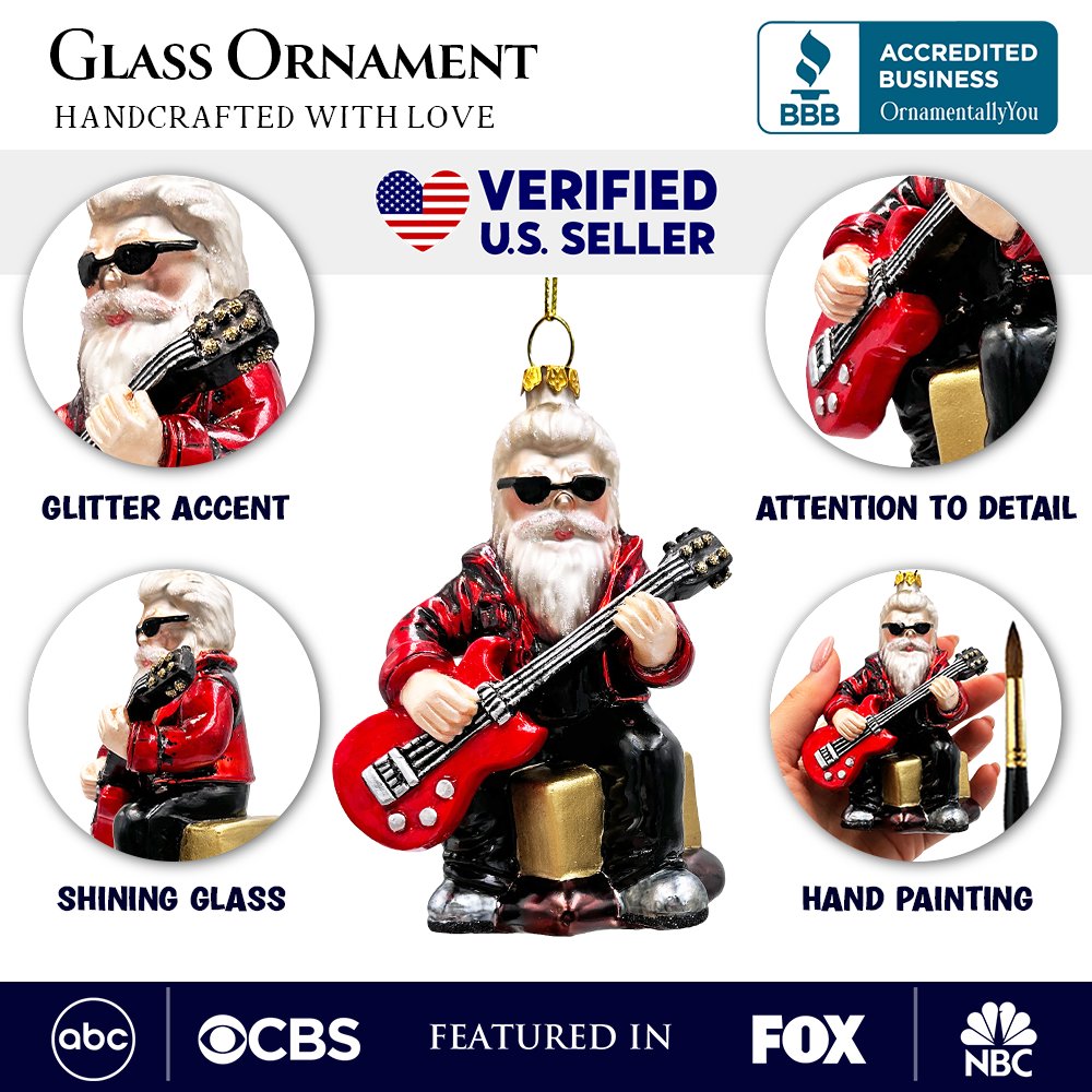 Rock Guitarist Santa Claus Glass Christmas Ornament, Rocker Musician G