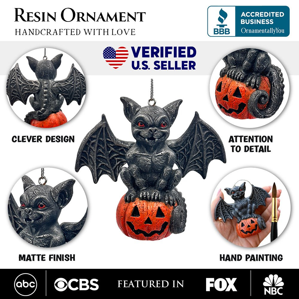 Spooky Gargoyle on a Pumpkin Ornament, Goth Halloween Themed Tree Deco