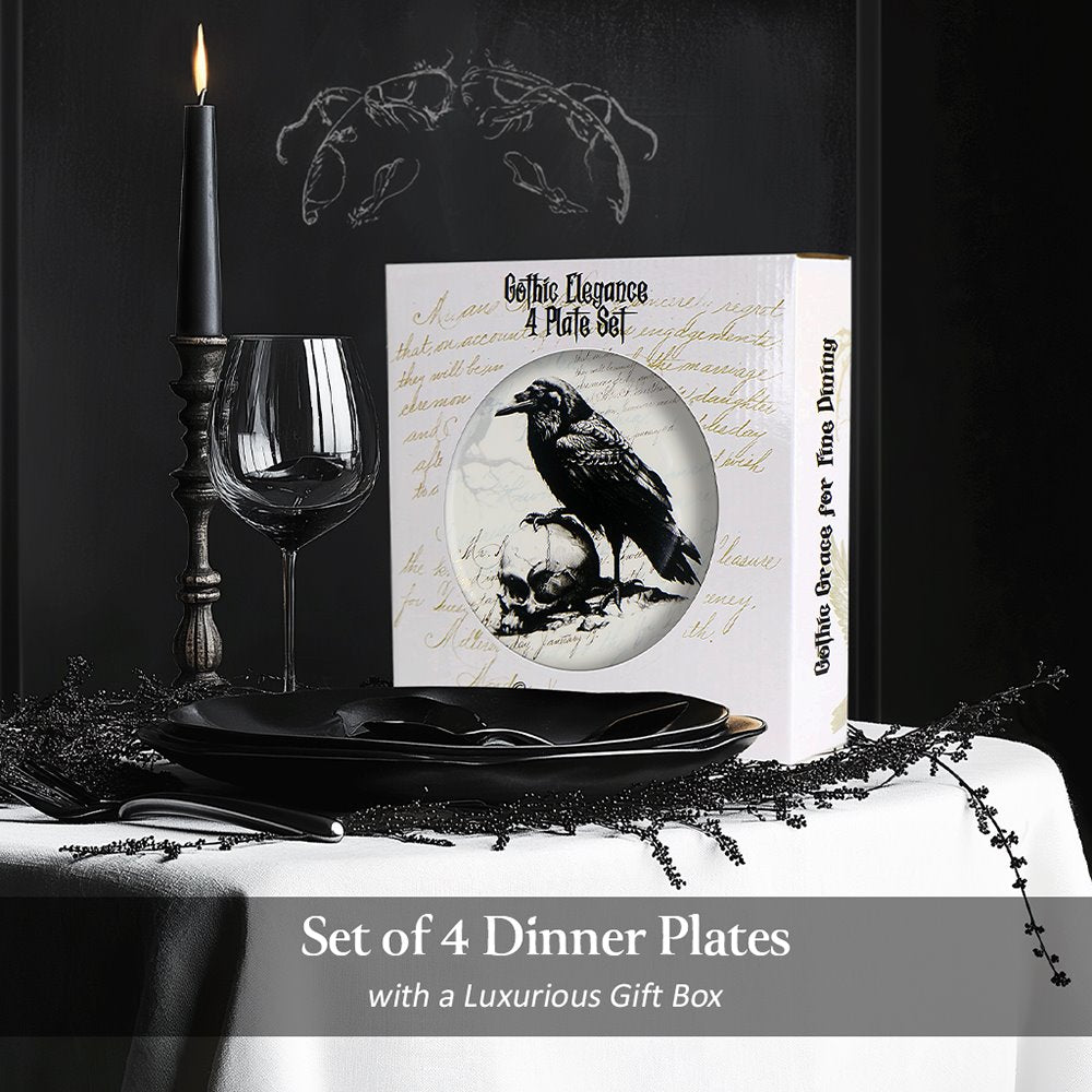 Gothic Elegance Set of 4 Plates with Real Gold Trim, Halloween Tablewa