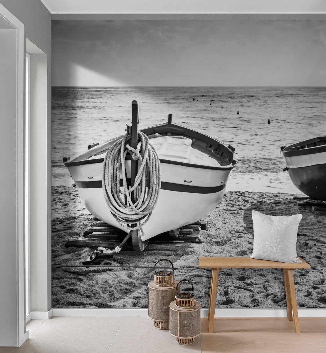 Black and White Nautical Theme Wallpaper Mural. Boat on Shore Wall Mur